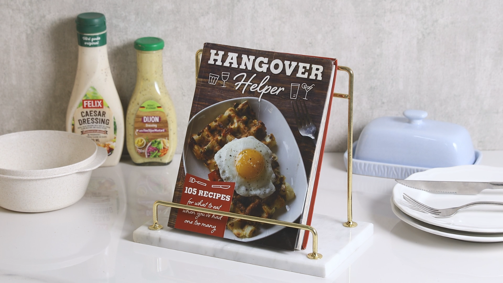 Brass Tone Metal & White Marble Kitchen Countertop Cookbook Holder ...