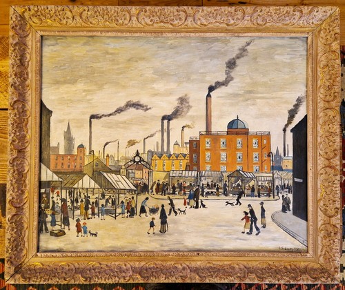 LS Lowry Style Original Painting Unique - A Market Scene - Oil on ...