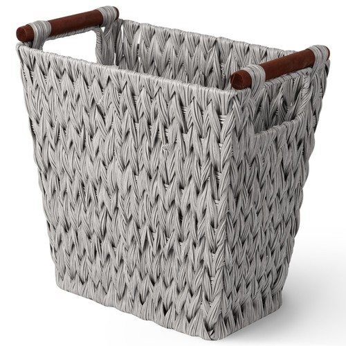Woven Waste Basket, Gray Wicker Basket with Wood Handles, Wicker Waste ...