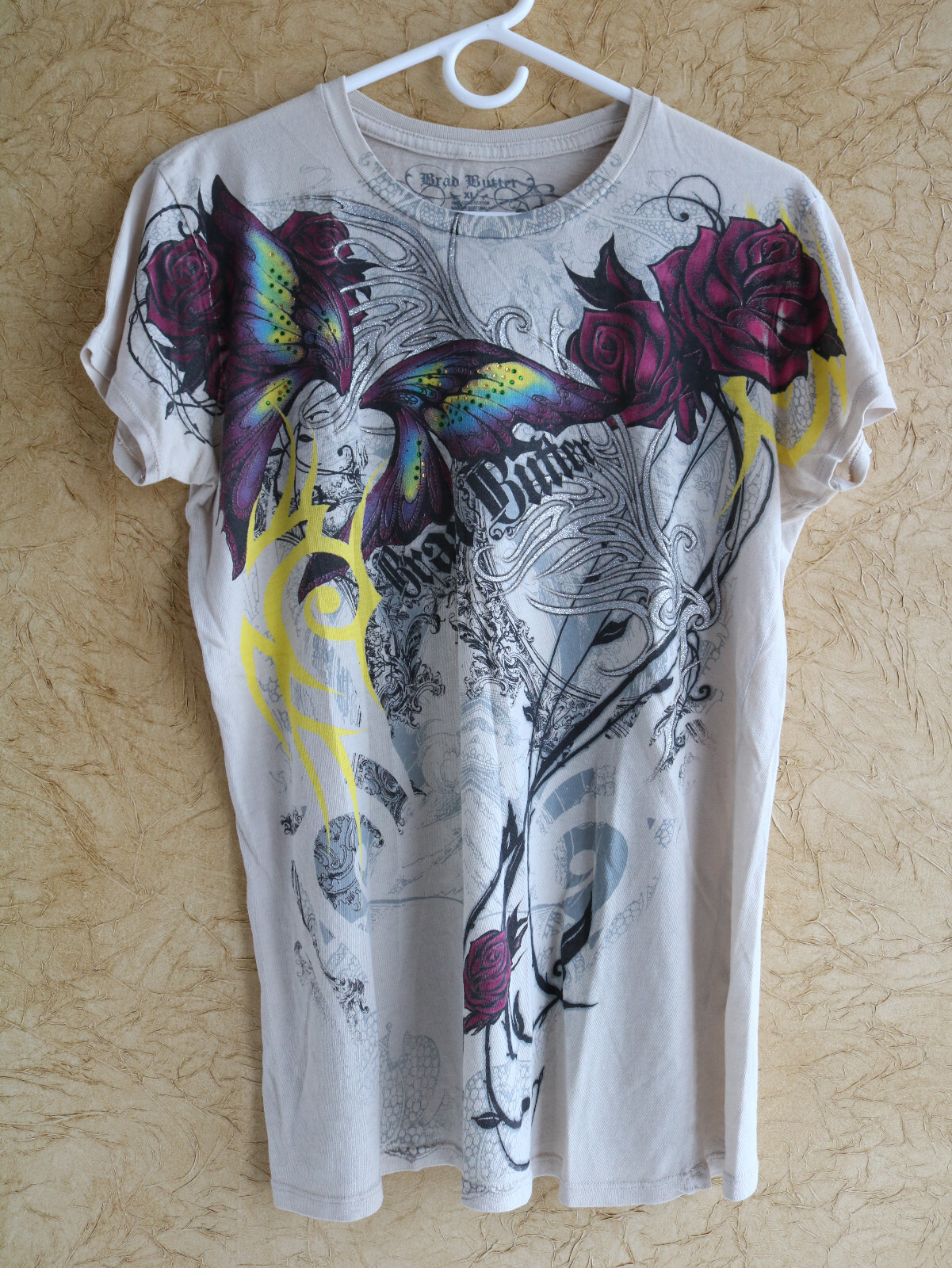 Brad Butter Womens XL Shirt Dress Roses Butterfly Gray Cap Sleeve Crew ...