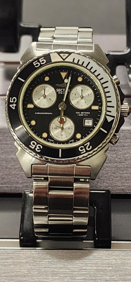 Sector STE 200 Chronograph -W/R 100M-SS Strap- Blk Dial Great Condition ...