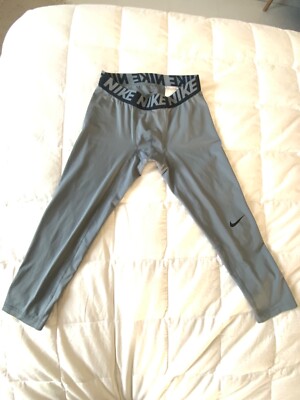 Nike Pro Pants Mens Small Gray Polyester Stretch Logo Compression 3/4 ...