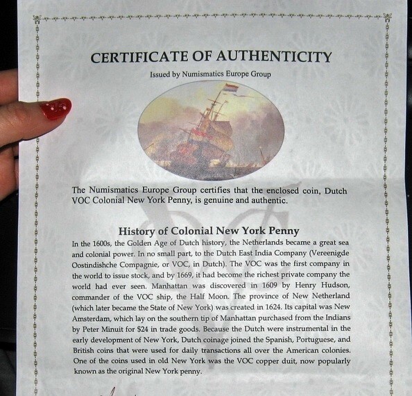 Certificate of Authenticity 1766 New York Penny VOC Holland Dutch ...