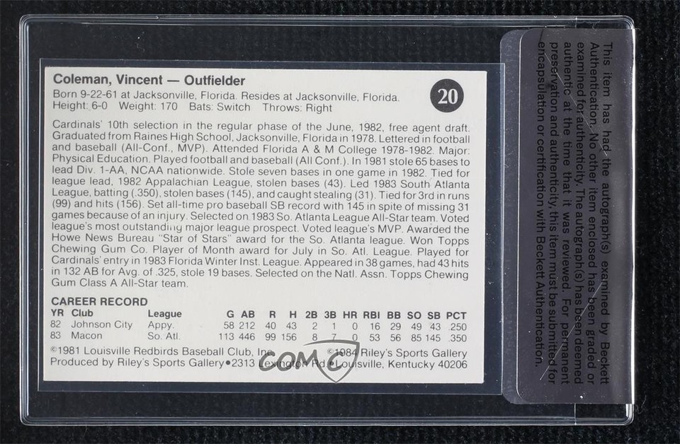 BAS 1984 Riley's Louisville Redbirds Vince Coleman #20 Beckett Auth ...