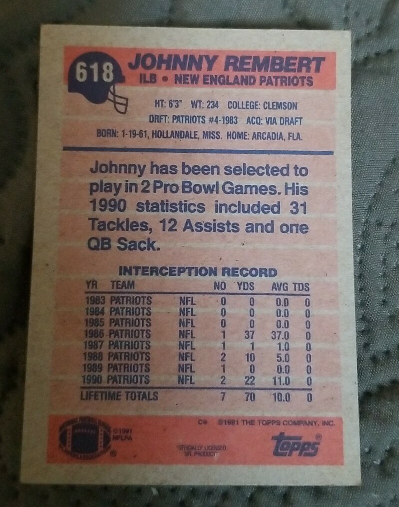 1991 Topps Football Card #618 Johnny Rembert - New England Patriots | eBay