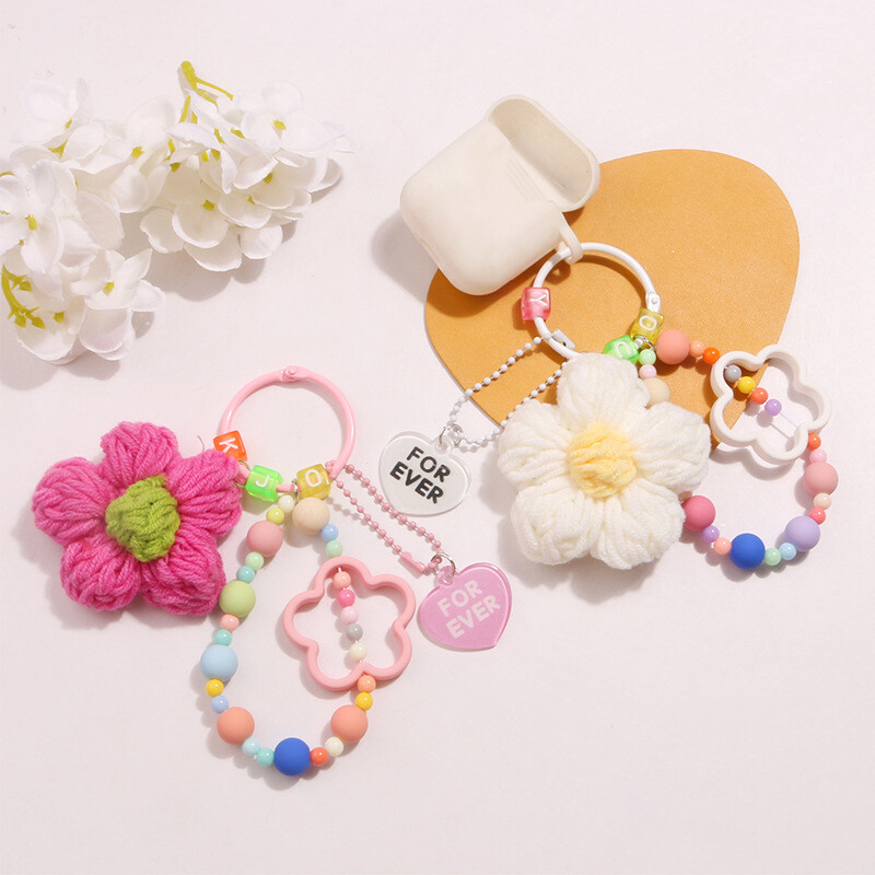 Cartoon Wool Knitted Flowers Key Chains Beaded Wristlet Lanyard ...