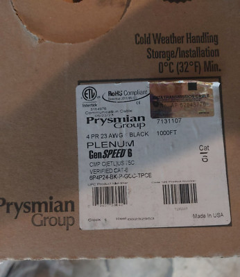 GENERAL CABLE GENSPEED 6- CAT 6 PLENUM-4PR 23AWG-1000 FEET- BLACK-NEW ...