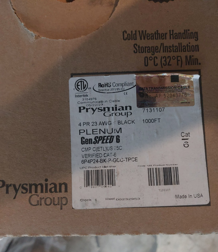 GENERAL CABLE GENSPEED 6- CAT 6 PLENUM-4PR 23AWG-1000 FEET- BLACK-NEW ...