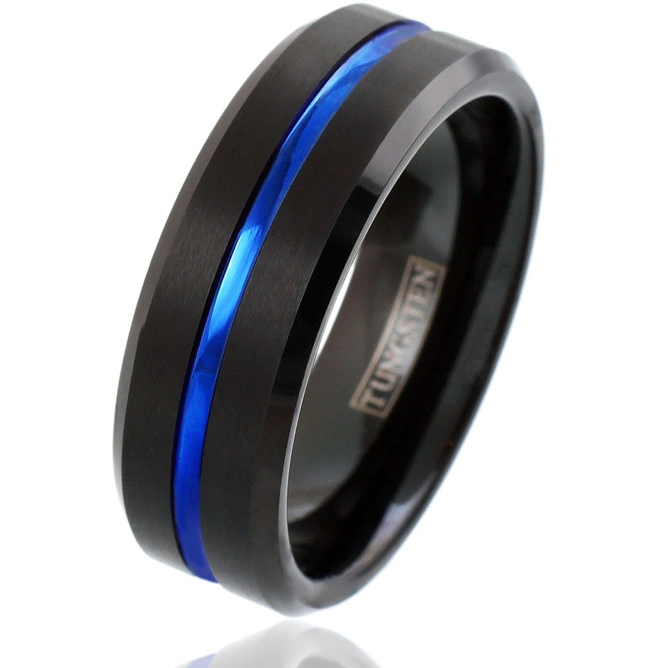 Black Tungsten Carbide Brushed Thin Blue Line Band Ring-Police Law ...