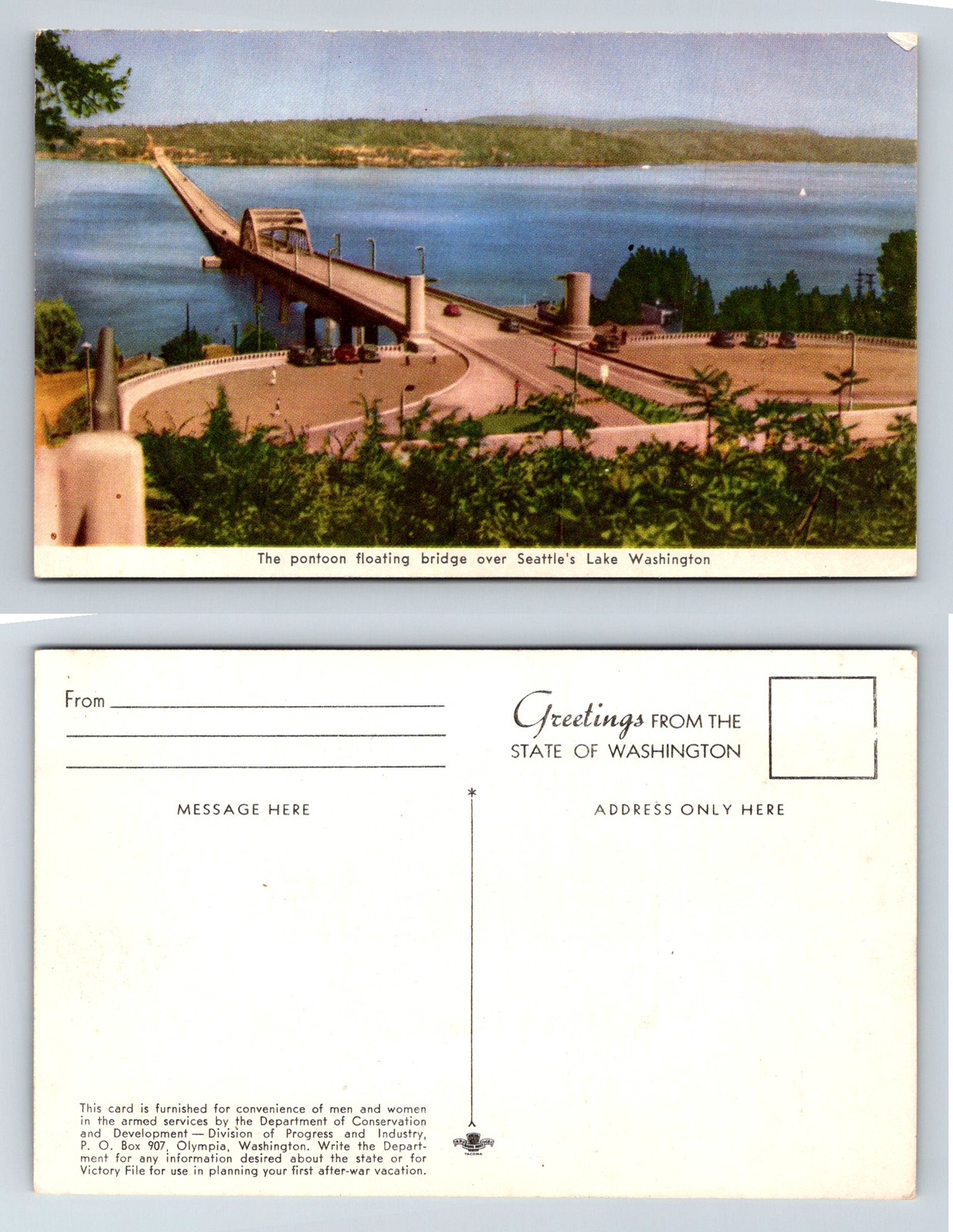 Pontoon Floating Bridge Lake Washington Seattle Postcard 1940s Chrome ...