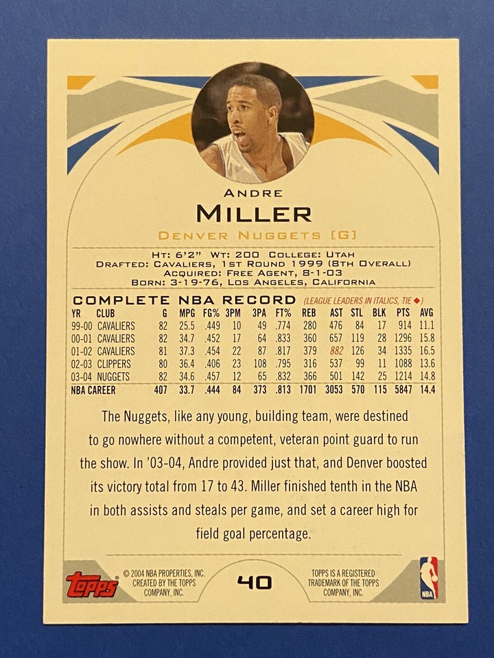 ANDRE MILLER Signed 2004-05 Topps #40 Nuggets Cavs Utah Utes Autograph ...