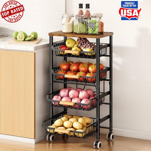 5 Tier Pull Out Vegetable Fruit Storage Cart Rolling Basket W/ Wood Top ...