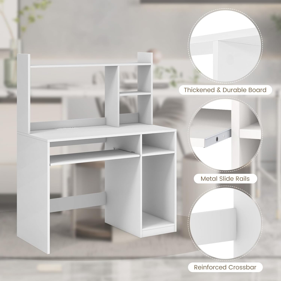 White Computer Desk with Hutch, Wood PC Desk W/Power Outlet, Keyboard ...