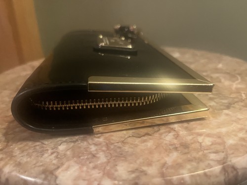 Bebe Black Wristlet Clutch Wallet Patent Leather Gold Chain Strap ...