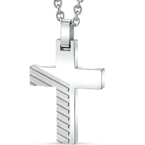 Two-Tone Razor Cut Stainless Steel Cross Pendant with 22 inch Necklace ...