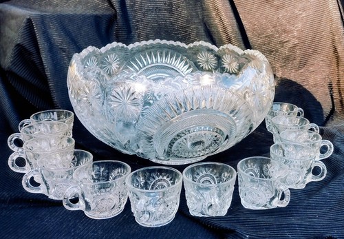 Pinwheel & Stars Crystal Punch Bowl Set~American Brillian EAPG~Smith ...