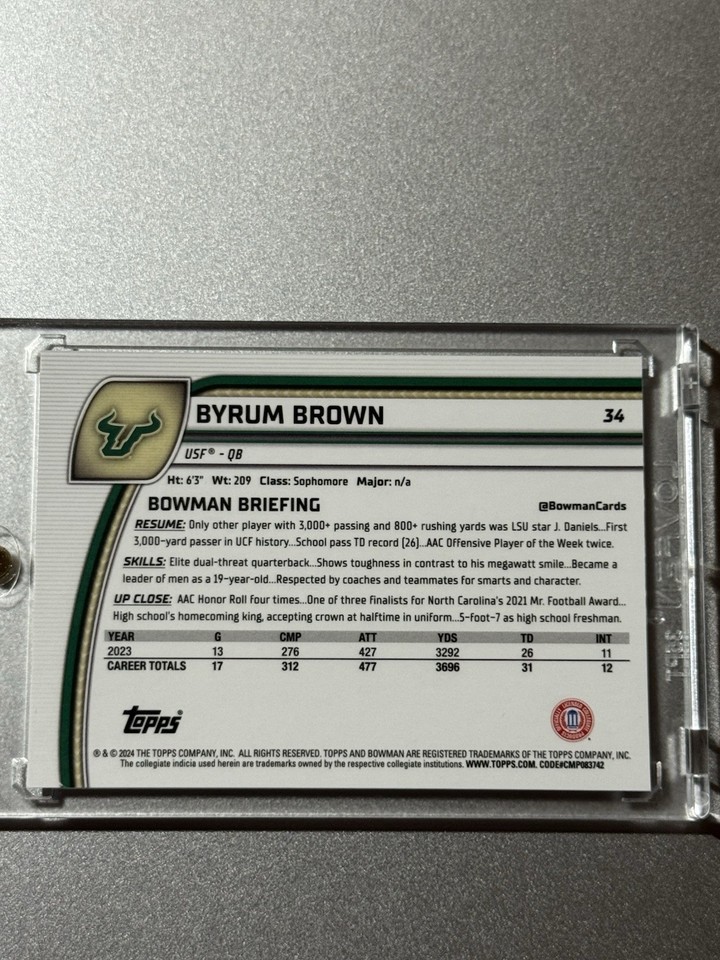 Byrum Brown USF Bowman Chrome U NFL 2024 STEALTH 1ST BOWMAN ROOKIE SP ...