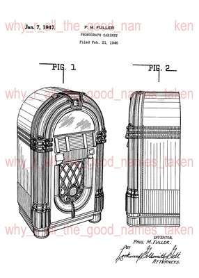 U.S. Patent : 1947 WURLITZER FULLER JUKEBOX Phonograph - A4 Printed ...