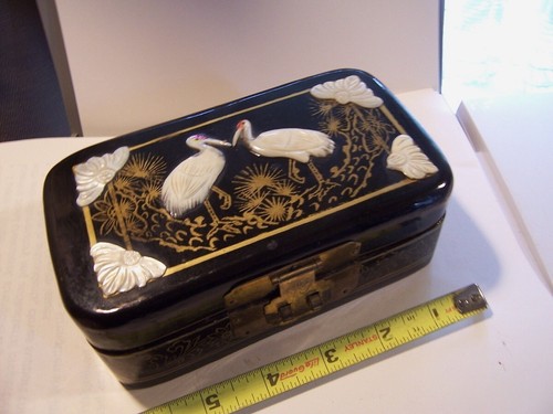 vintage black Lacquer Mother of Pearl MOP Cranes Jewelry Box Japan ...