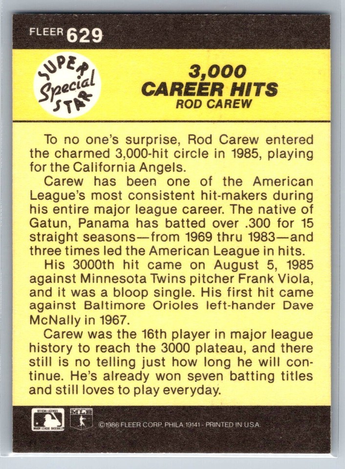 1986 Fleer Rod Carew Superstar Special 3000 Career Hits California ...