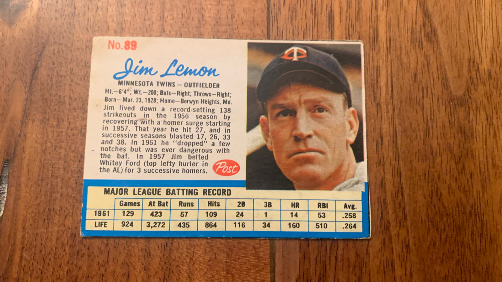 1962 Post Cereal Jim Lemon Minnesota Twins #89 (Hand Cut) | eBay