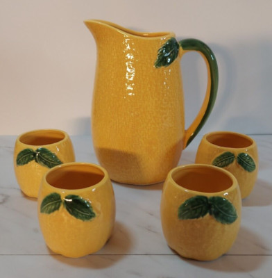 Vintage Mid Century ENESCO Ceramic Lemon Pitcher W/ 4 Juice Glasses ...
