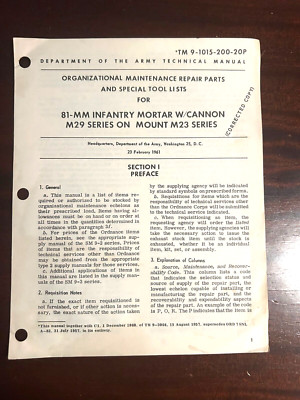 1961 US Army TM 9-1015-200-20P 81mm Mortar Infantry w/cannon M29 M23 ...