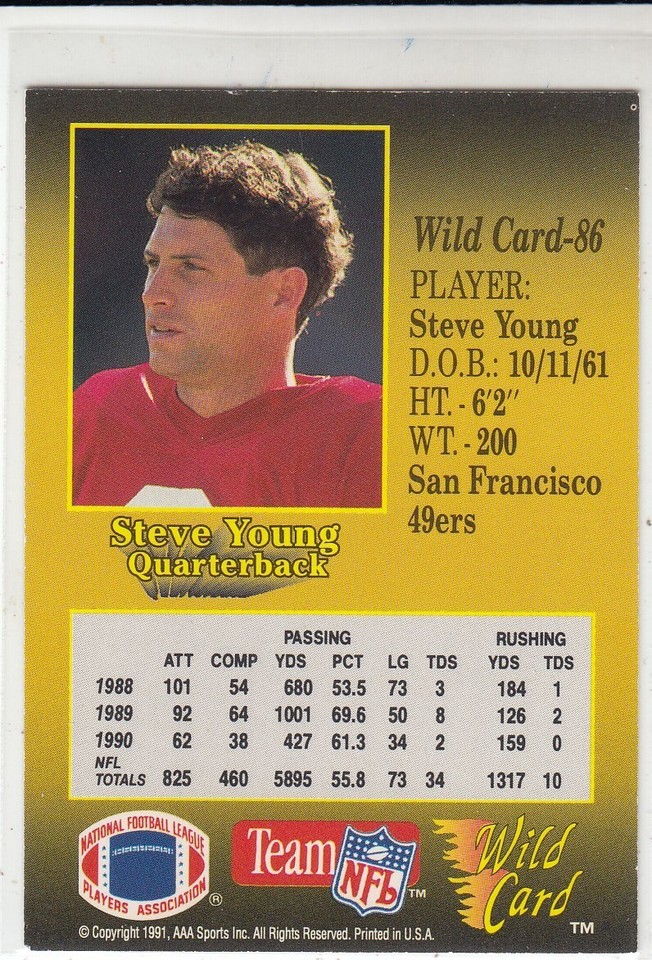 STEVE YOUNG 1991 Wild Card 5 Stripe #86 49ers | eBay