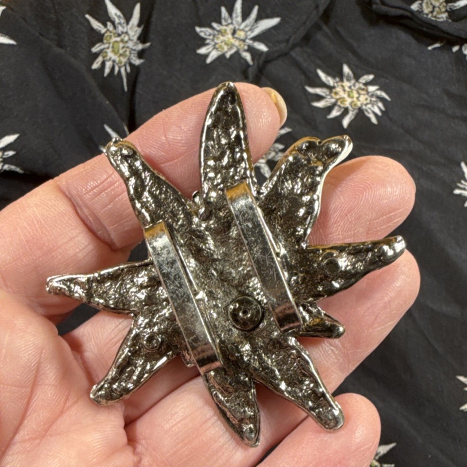 Vintage Silk Edelweiss Flower Scarf & Matching Clip Set Black White ...