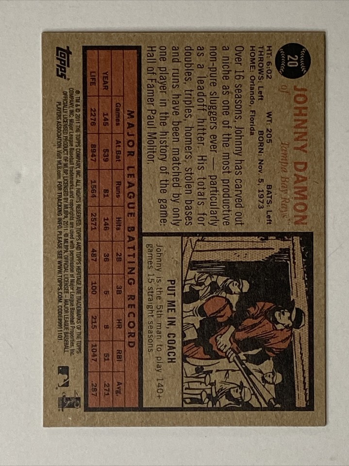 2011 Topps Heritage #20 Johnny Damon Auto Signed | eBay