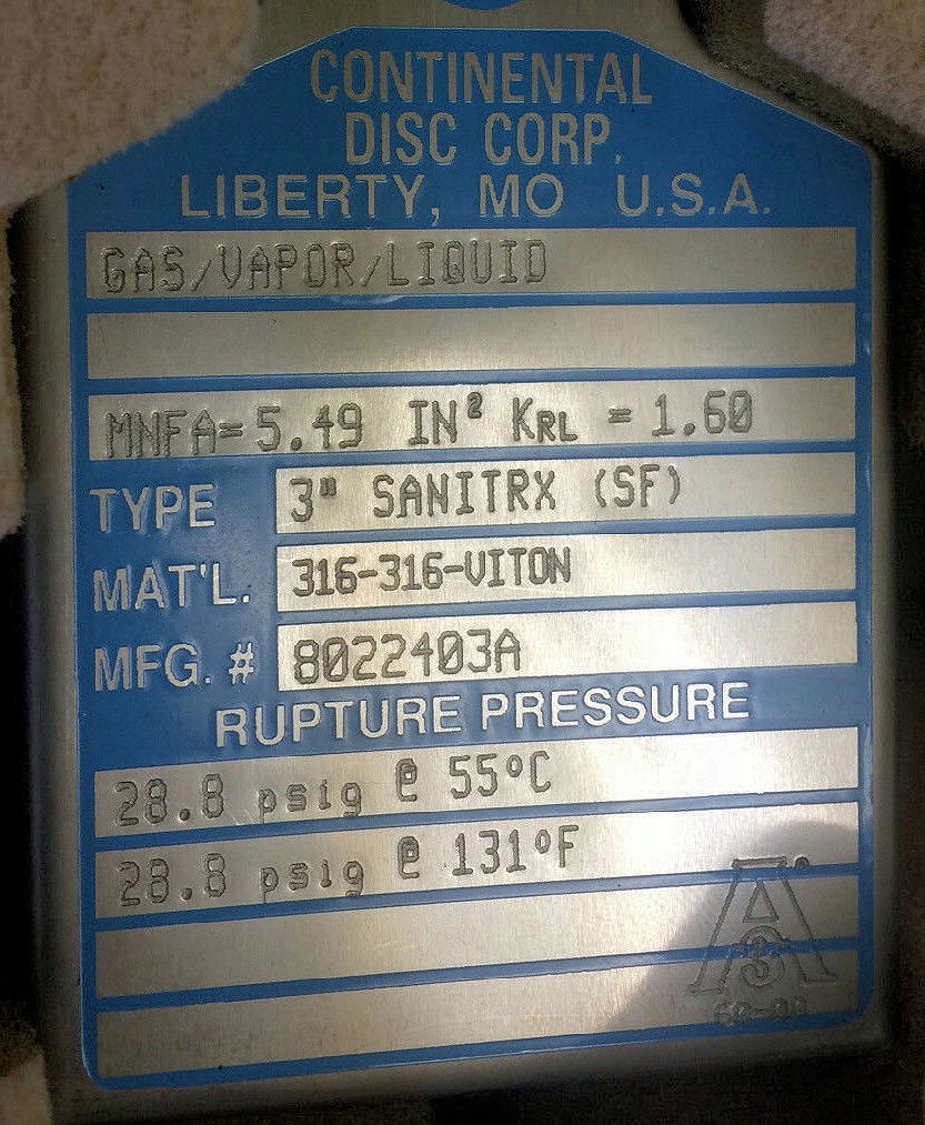 3" SANITRX (SF) Rupture Disc (28.8 Psig @131F) Continental Disk ...