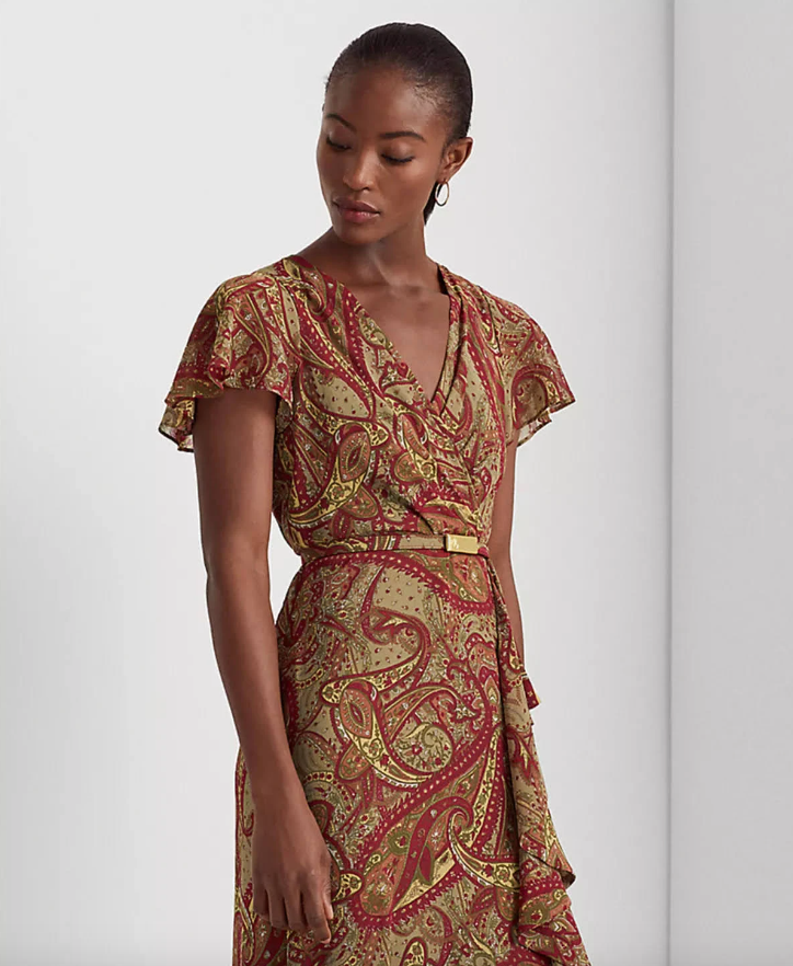 Lauren Ralph Lauren Paisley Belted Georgette Flutter-Sleeve Gown Size 2 ...