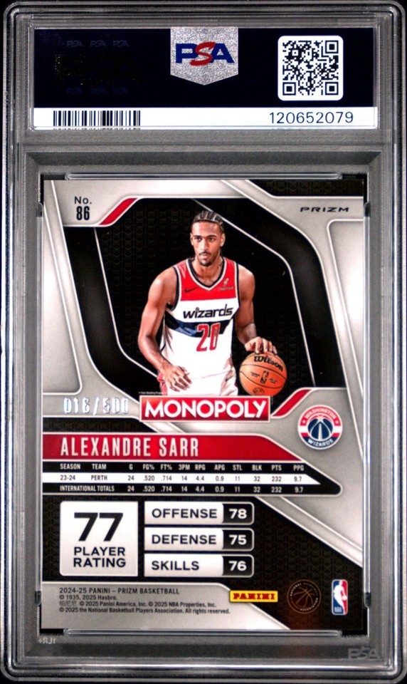 2024-25 Prizm Monopoly Alexandre Sarr Gold Millionaire 86 SP 016/500 ...