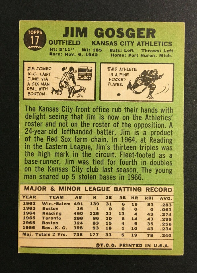 Jim Gosger A's Atheltics signed 1967 Topps baseball card #17 Auto ...