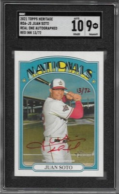 2021 Topps Heritage Juan Soto Real One Red Ink Auto #d /72 SGC Mint 9 w ...