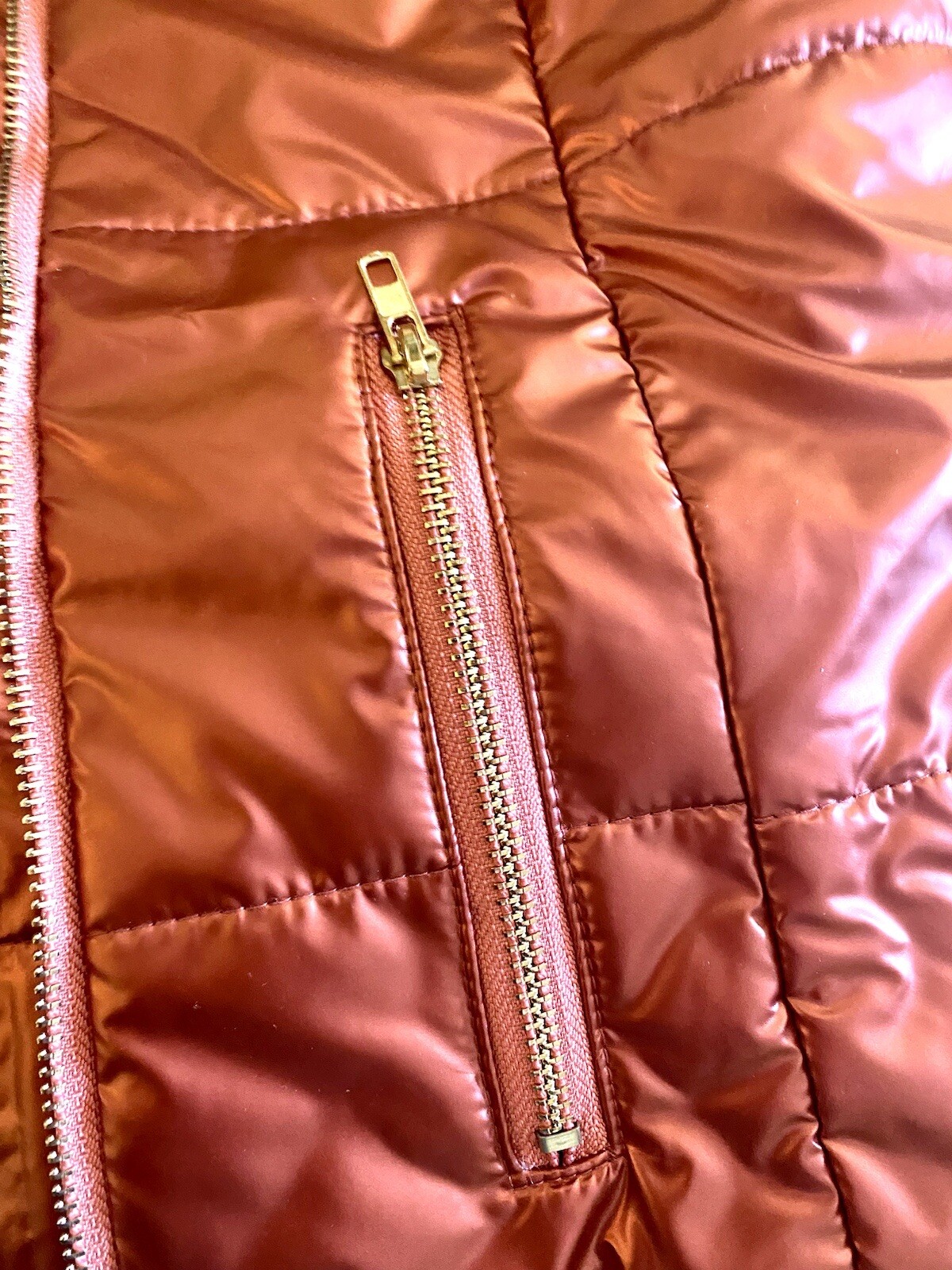 Fashion Women’s Shiny Copper Puffer Coat With Faux Fur Hoodie Brand New ...