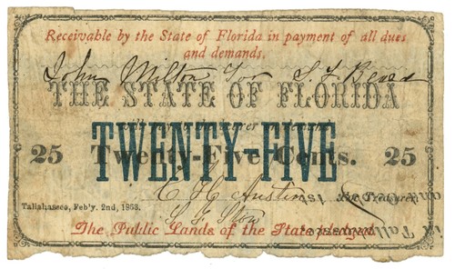 1863 State of Florida Tallahassee FL 25c Obsolete Note CR-26B Bond ...