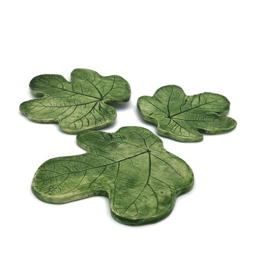 3Pc Green Handmade Ceramic Fig Leaf Coaster Botanical Home Decor ...
