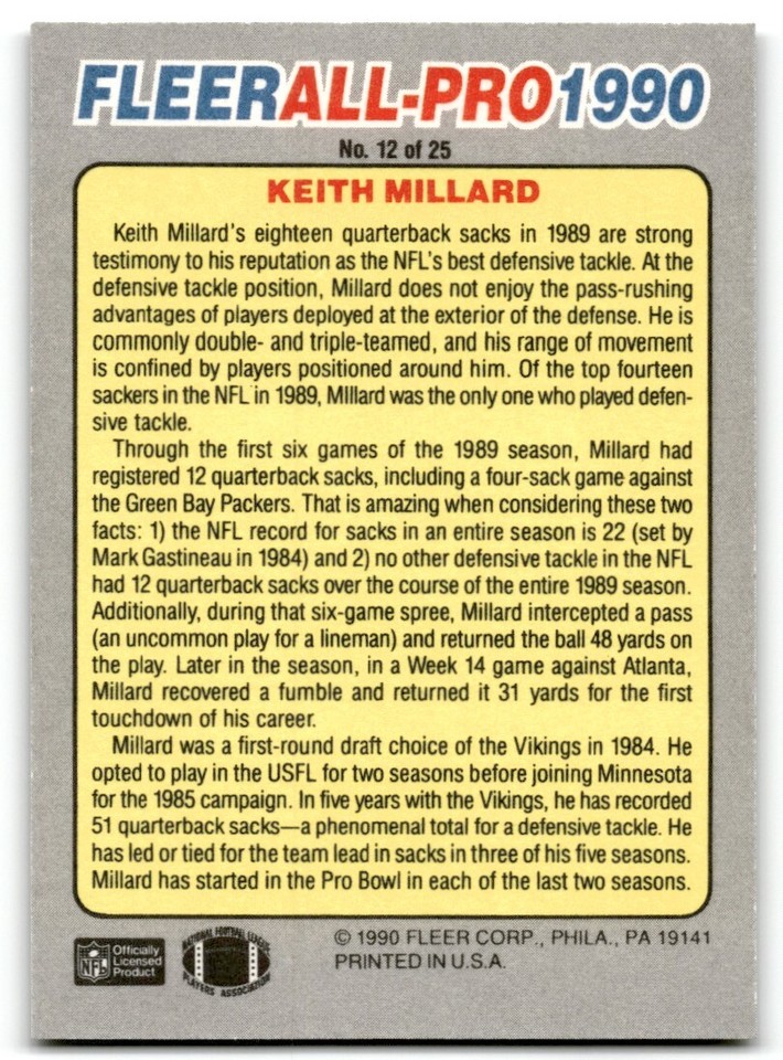 1990 Fleer All-Pro Keith Millard Minnesota Vikings #12 | eBay
