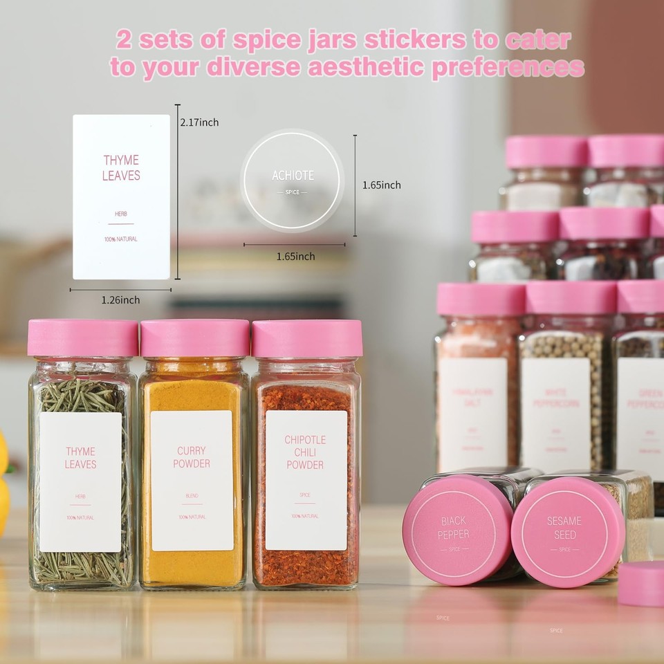 Pink Spice Jars with Label，4oz Seasoning Containers, Glass Spice ...