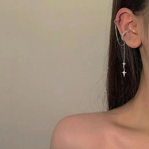 Shiny Silver Color Crystal Tassel Non-Piercing Cuff Ear Clip Earring ...