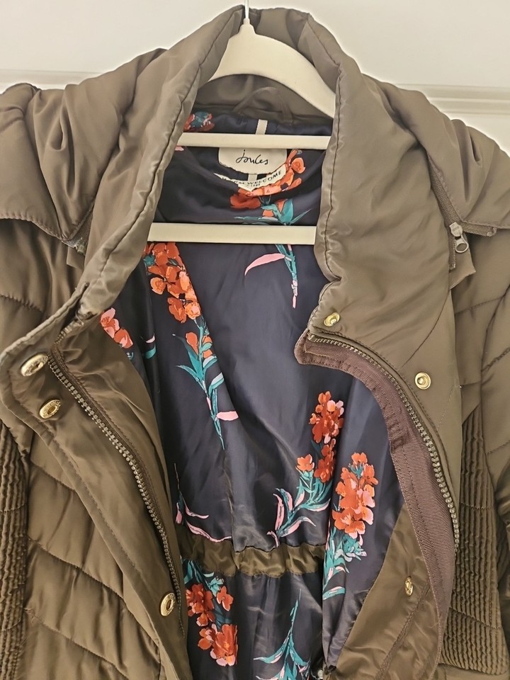 Joules Warm Welcome Olive Green Long Padded Parka Coat Size 18 Detachable Hood | eBay UK