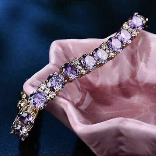 10Ct Round Amethyst Diamond Tennis One Row Bracelet 7.5" 14K Yellow ...