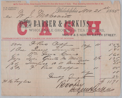 1885 Barber & Perkins Grocers & Tea Dealers Bill Receipt Philadelphia ...