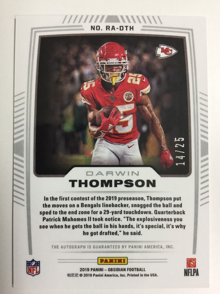 Darwin Thompson 14/25 2019 Panini Obsidan Yellow Etch Rookie Auto ...