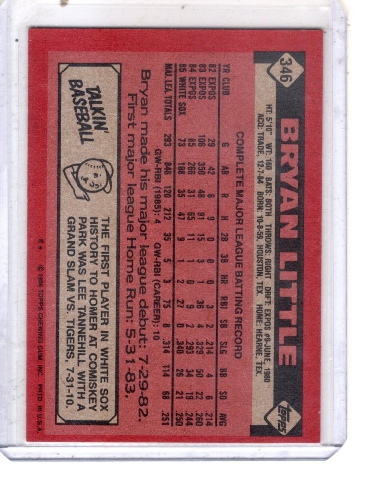 1986 Topps #346 Bryan Little Chicago White Sox Baseball Card | eBay