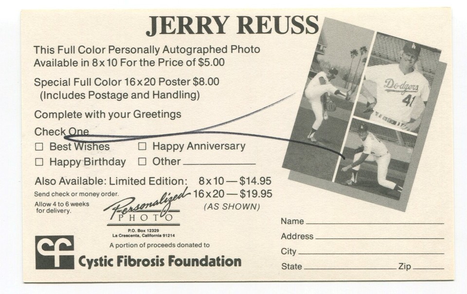 Jerry Reuss Signed Photo Post Card Autographed Signature MLB Baseball ...