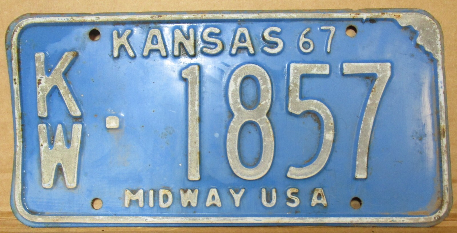 Vintage 1967 Kansas Car Tag - License Plate - KW 1857 - White on Blue ...