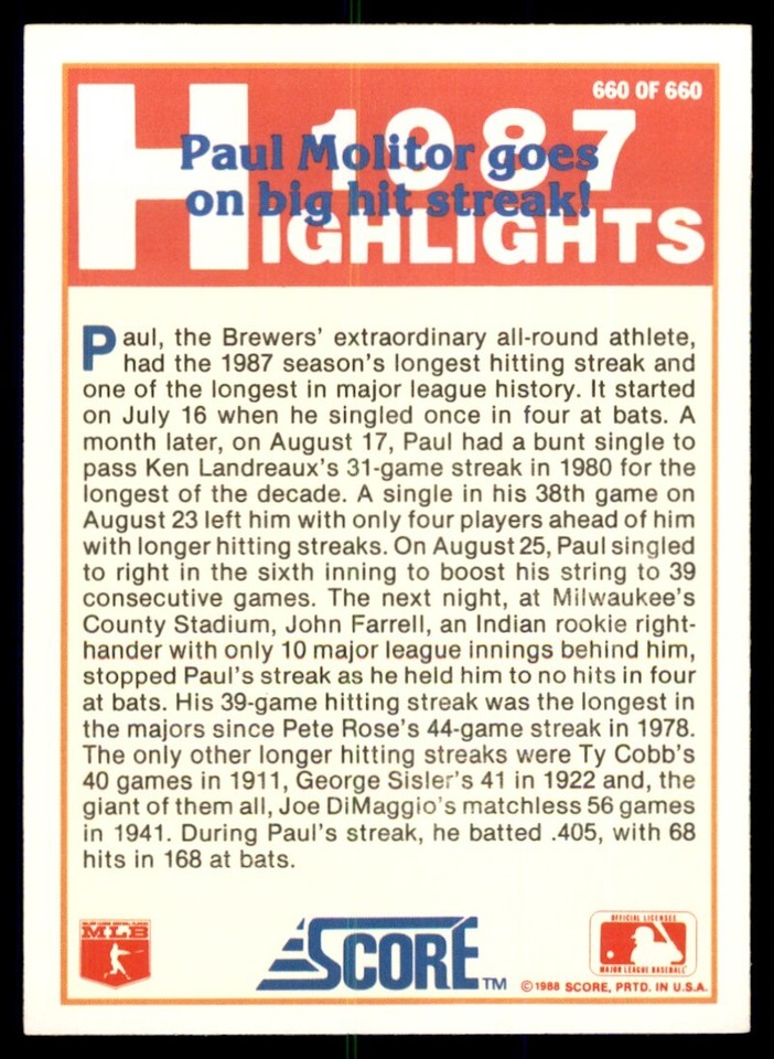 1988 Score Paul Molitor B Baseball Cards #660 | eBay