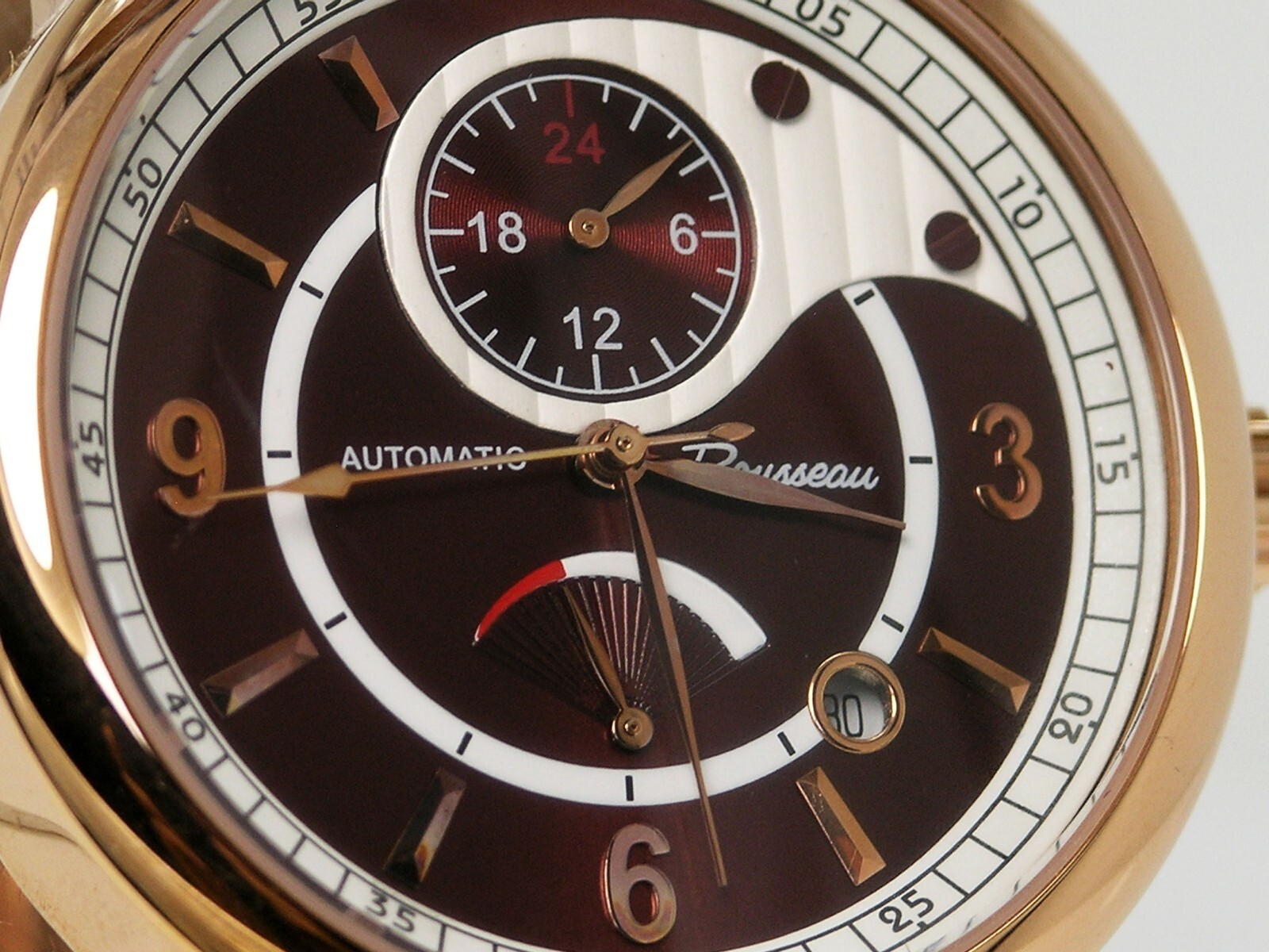 NEW ROUSSEAU AUTOMATIC MECHANICAL POWER RESERVE BROWN DIAL WATCH ROSE ...